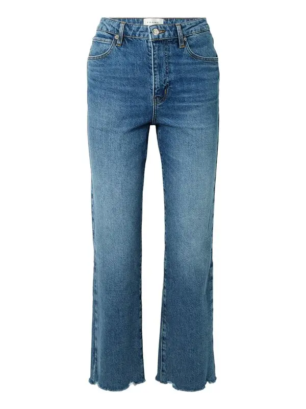 FRAME The Ruler Crop Frayed High-rise Slim-leg Jeans - Blue
