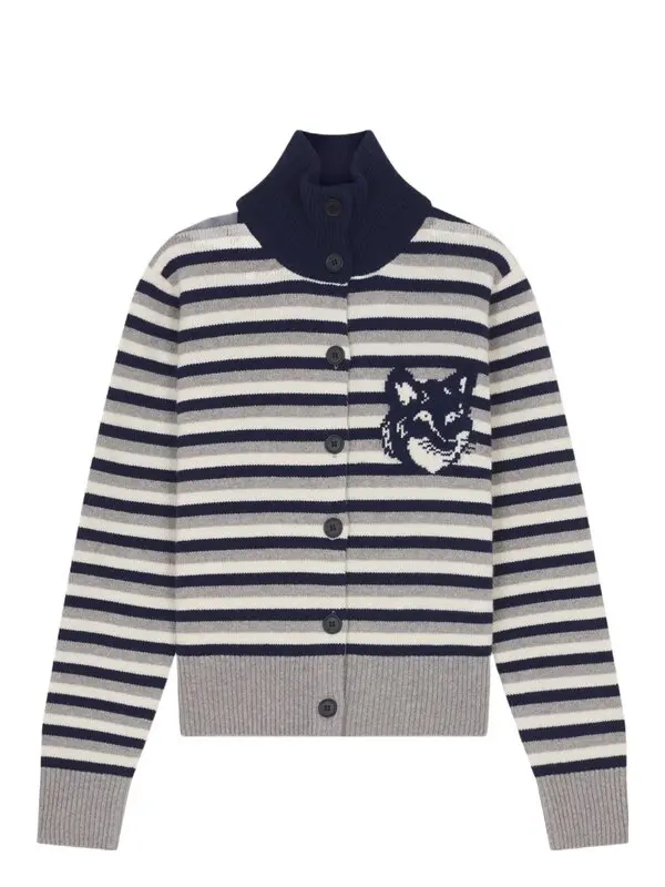 Maison Kitsuné Fox Head Intarsia Striped Regular Cardigan - Navy Blue/white