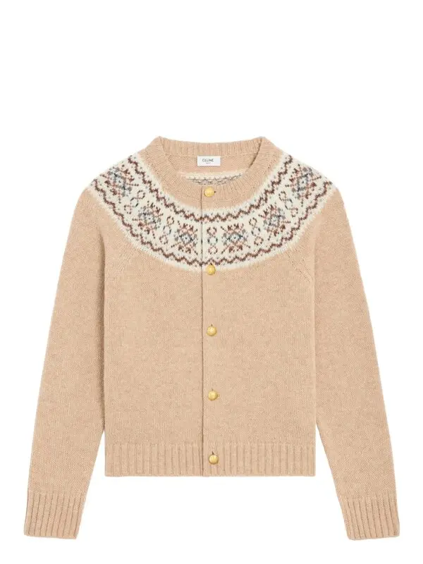 Celine Triomphe Fair Isle Wool Cardigan - Light Brown