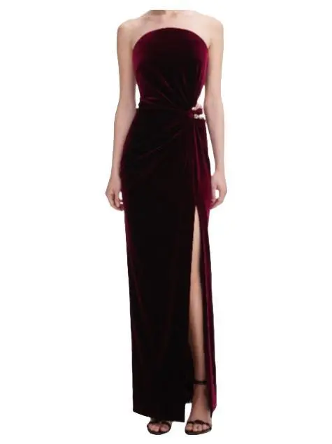 SELF-PORTRAIT Strapless Velvet Maxi Dress With Embellished Detail - Burgundy