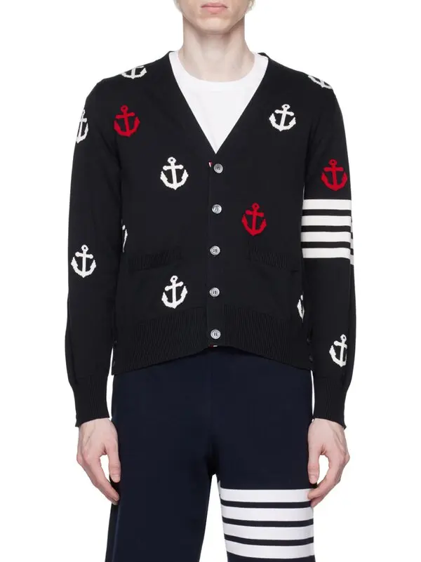 Thom Browne 4-bar Anchor Intarsia V-neck Cardigan - Navy Blue