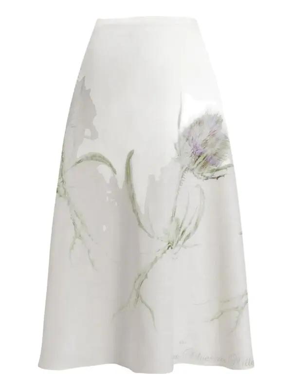 Alberta Ferretti Thistle Print Linen Skirt - White