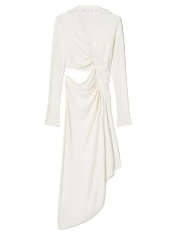 Off-White Ruched V-neck Long Sleeve Dress - White