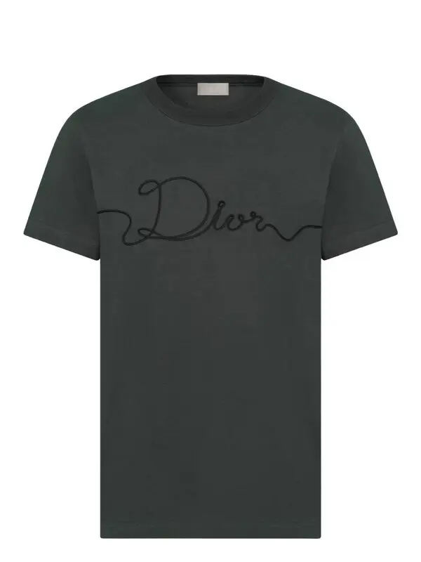 Dior Ribbon Logo Detailed Crewneck T-shirt - Dark Gray