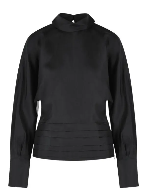 RÓHE Mock-neck Pleated Tuxedo Blouse - Black