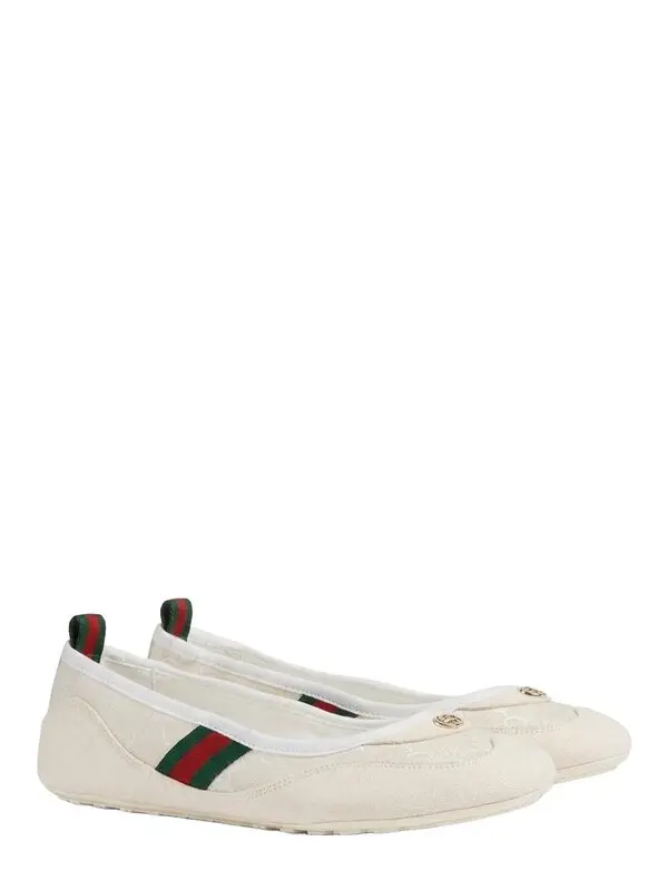 Gucci Jacquard Canvas Ballerina Flats With Suede Trim - White
