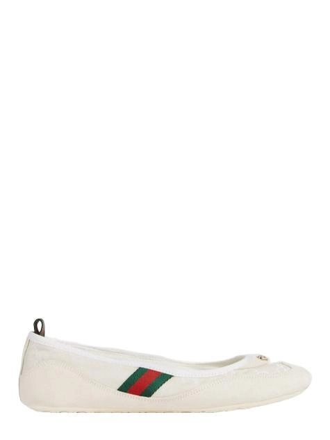 Gucci Jacquard Canvas Ballerina Flats With Suede Trim - White