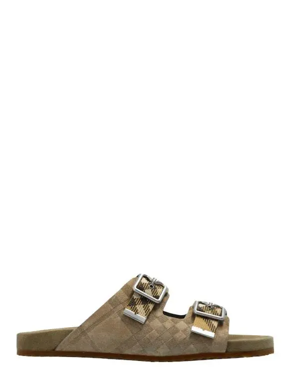 Burberry Checked Buckled Slides - Brown
