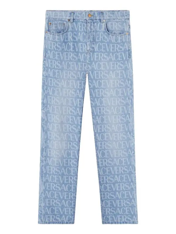 Versace Logo Print Straight Leg Jeans - Blue
