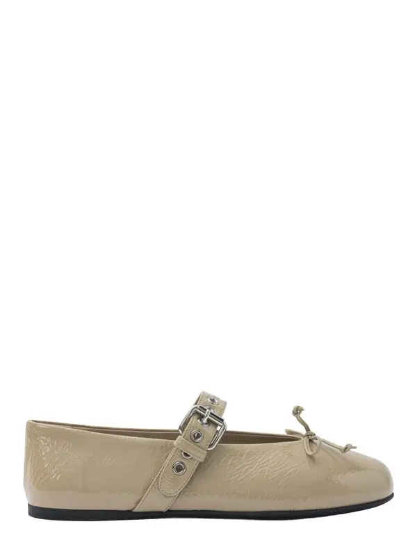 Miu Miu Round Toe Ballet Flats With Buckled Strap And Bow - Sand-colored