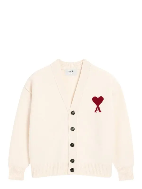 AMI Paris De Coeur V-neck Cardigan - Off-white/red