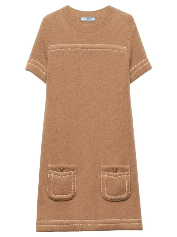 Prada Short Sleeve Crewneck Mini Dress With Pockets - Camel Brown