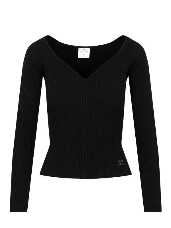 COURREGES Courrèges Long-sleeved V-neck Ribbed Pullover - Black