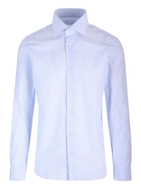 BARBA NAPOLI Checked Long-sleeved Shirt - Light Blue