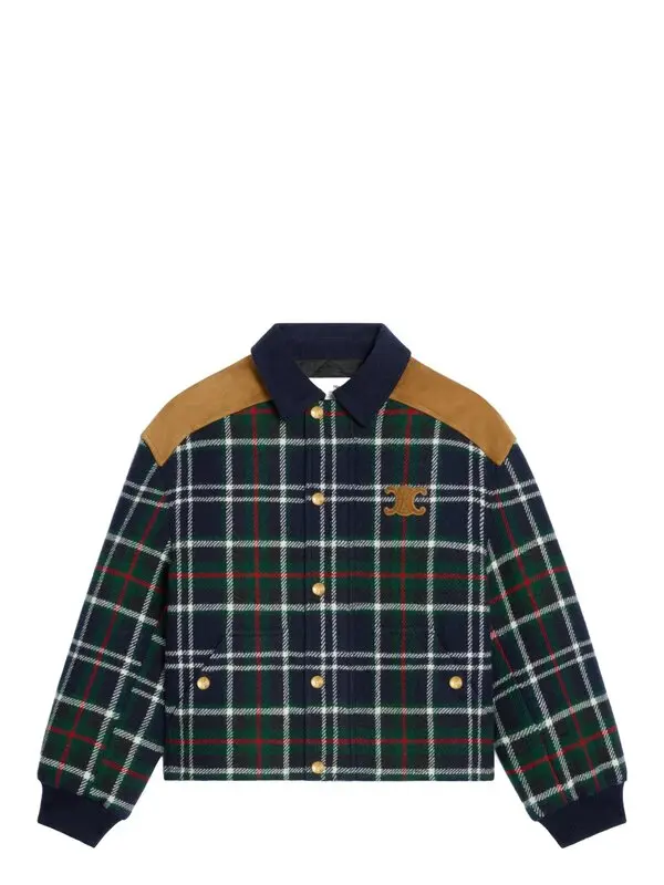 Celine Triomphe Blouson Jacket In Tartan Wool - Navy Blue/green/red
