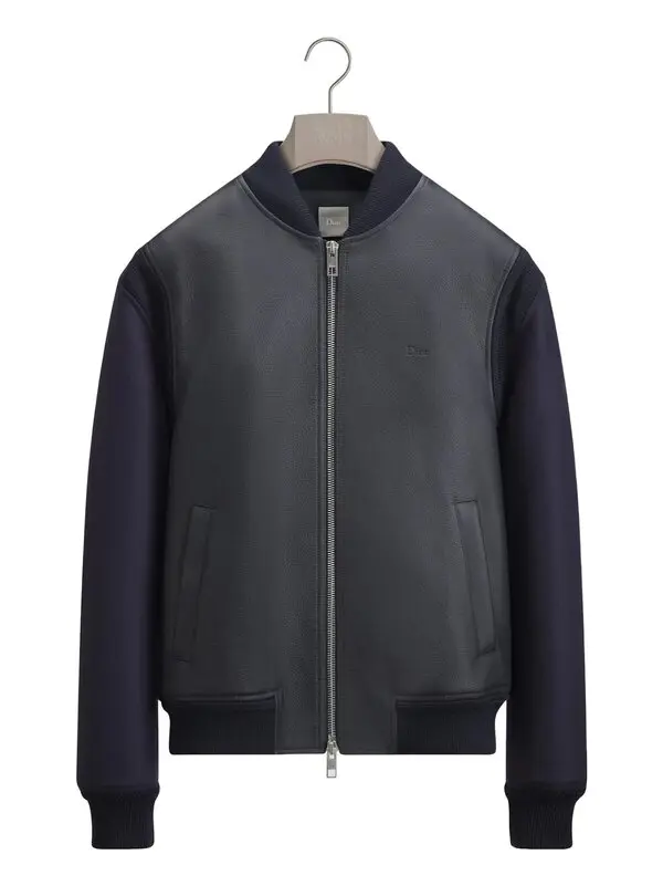 Dior Leather Blouson Jacket With Signature Detail - Navy Blue