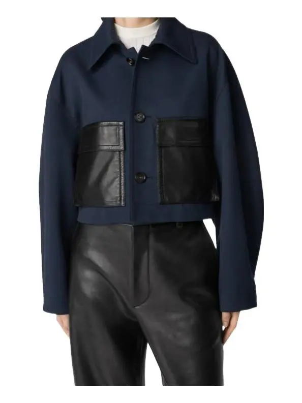 Bottega Veneta Long Sleeved Buttoned Jacket With Leather Pockets - Midnight Blue