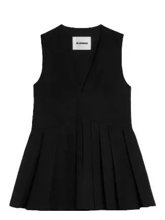 JIL SANDER Gabardine Pleated V-neck Sleeveless Top - Black
