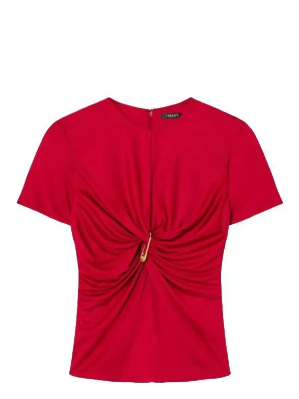Versace Medusa Safety Pin Ruched Short Sleeve Top - Red