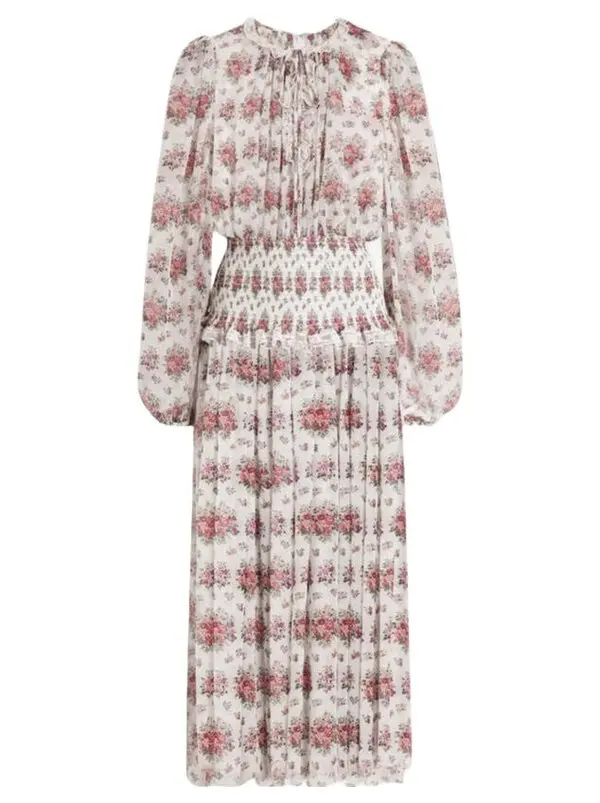 Dolce & Gabbana Smocked Floral Printed Midi Dress - Nude