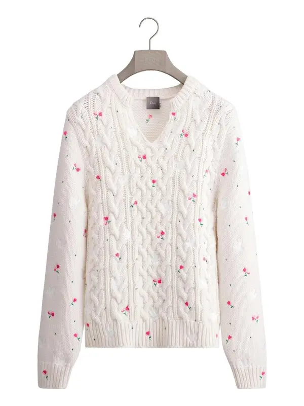 Dior Embroidered Floral Cable Knit Sweater - White