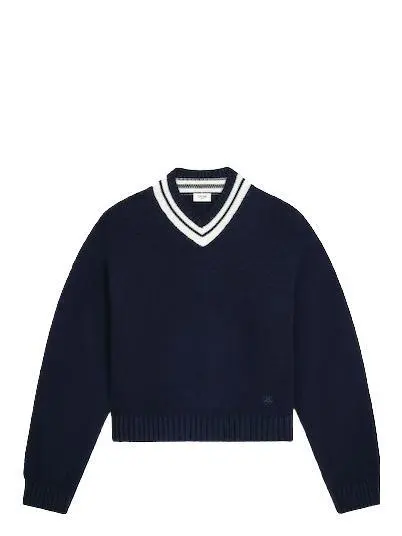 Celine V-neck Cashmere Sweater With Triumphal Embroidery - Navy Blue/white