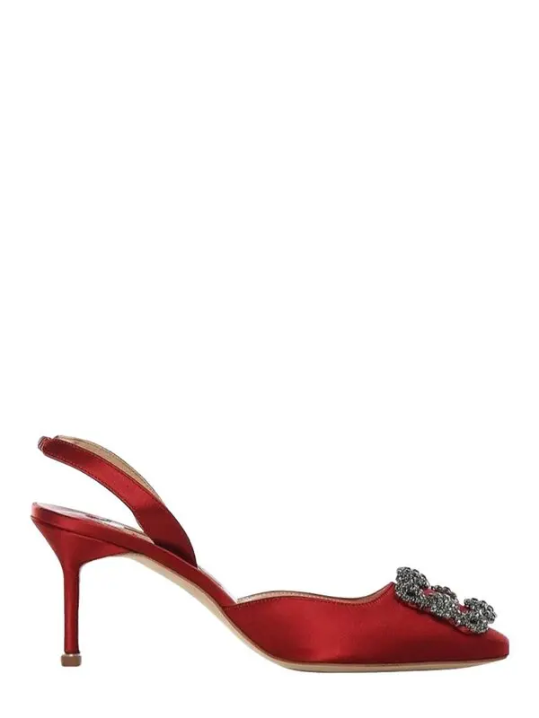 Manolo Blahnik Hangisi Slingback Satin Pumps With Crystal Buckle - Red