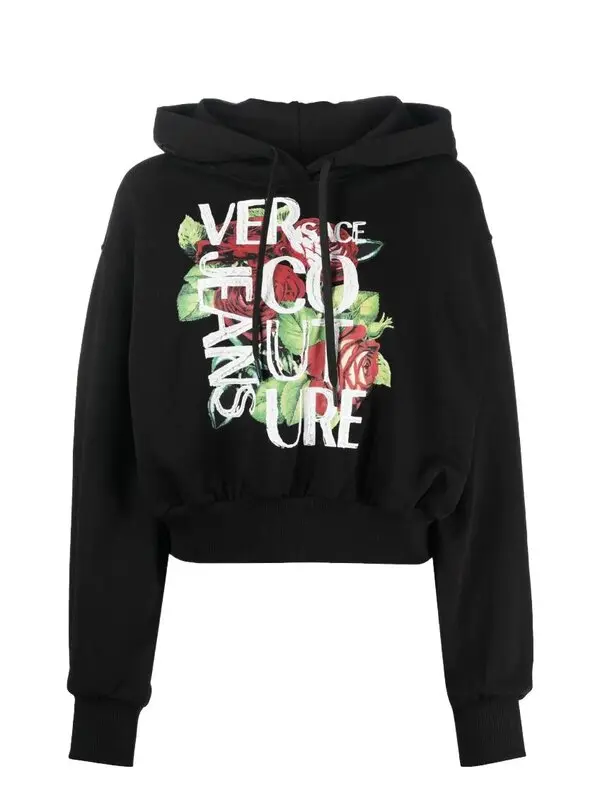 Versace Cropped Logo-print Cotton Hoodie - Black