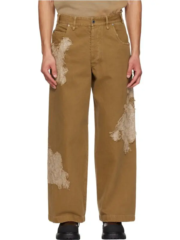 SONG FOR THE MUTE Belt-loop Jeans With Sequined Frayed Appliqu - Brown
