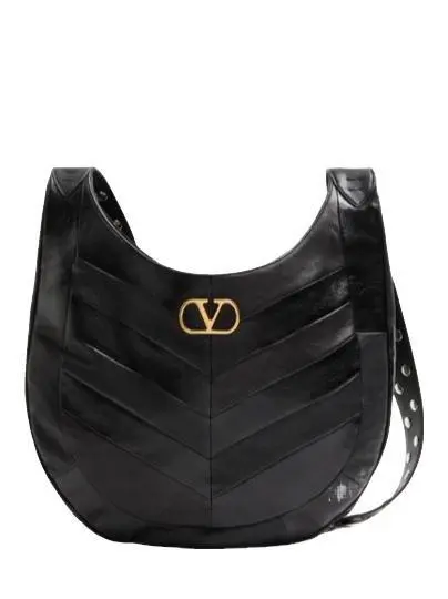 Valentino Garavani Vlogo Chevron Patterned Logo Plaque Hobo Bag - Black