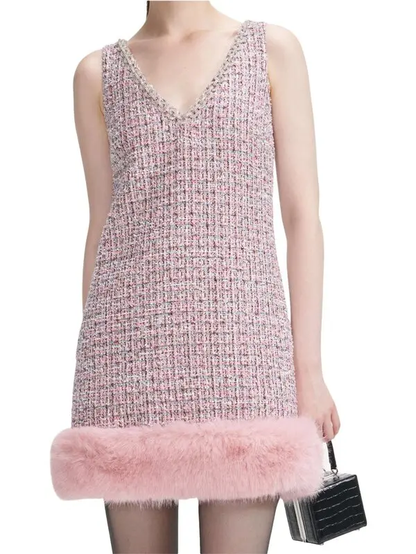 SELF-PORTRAIT Boucle Fur Hem Mini Dress - Pink