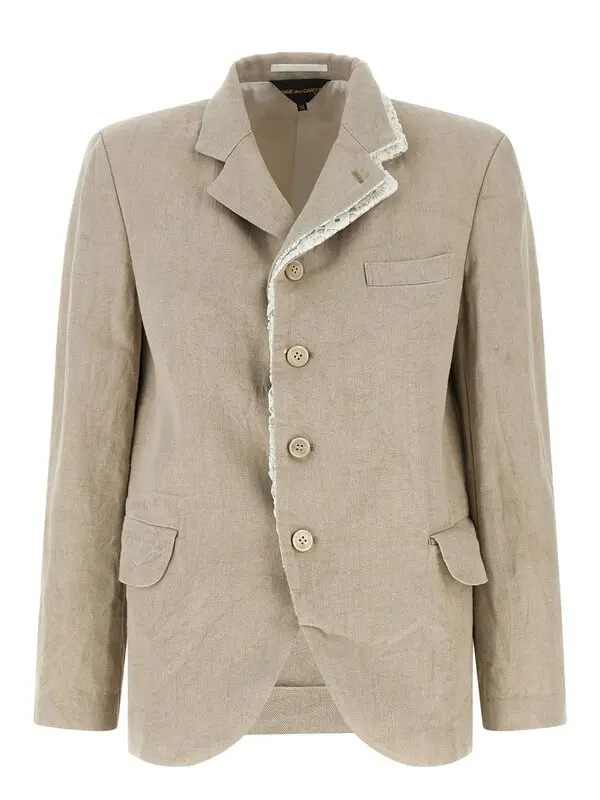 Comme Des Garçons Chevron Linen Blazer With Crochet Lapel Detail - Beige