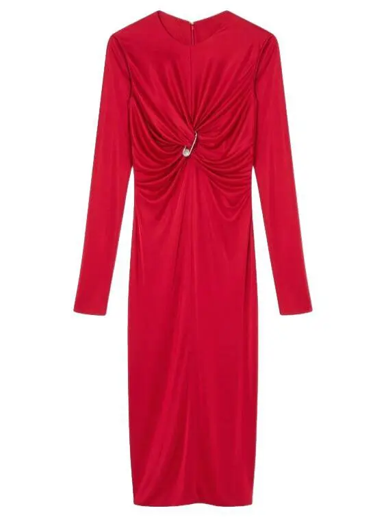 Versace Safety Pin Gathered Long-sleeved Midi Dress - Red