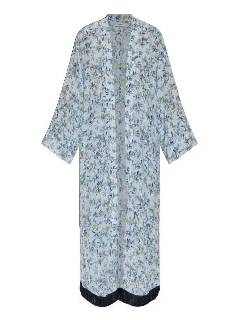 Zadig&Voltaire Long Sleeve Silk Floral Print Coat With Tasseled Hem - Blue