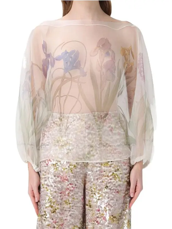 Alberta Ferretti Floral Print Long Sleeve Crewneck Top - Nude