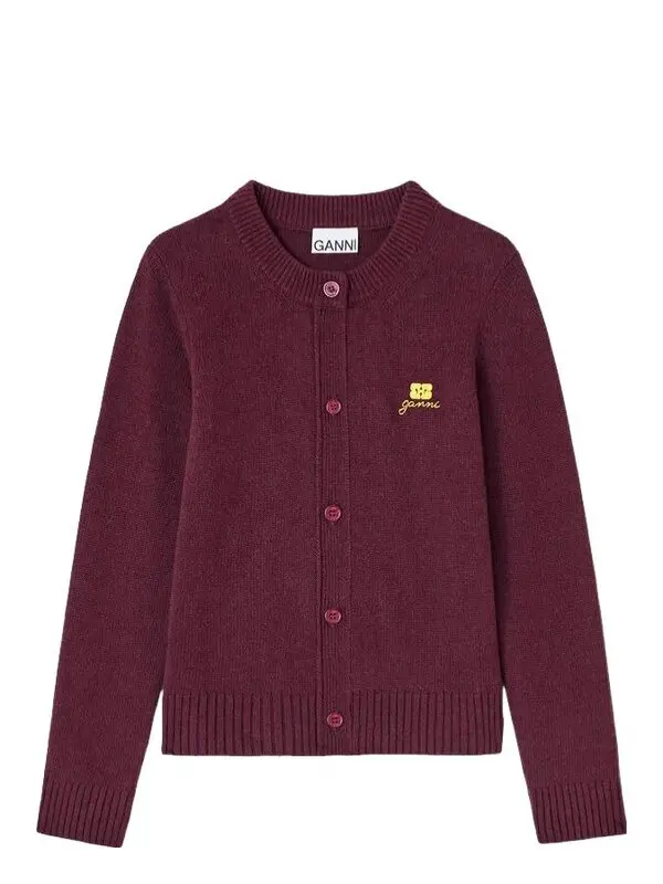 GANNI Buttoned Crewneck Cardigan With Ribbed Edges - Burgundy