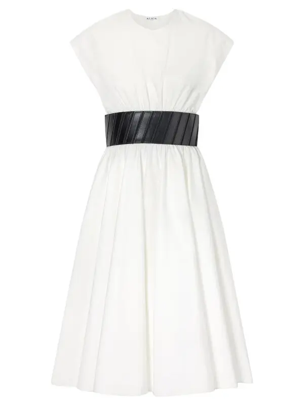 Alaïa Crewneck Pleated Dress With Leather Belt - White