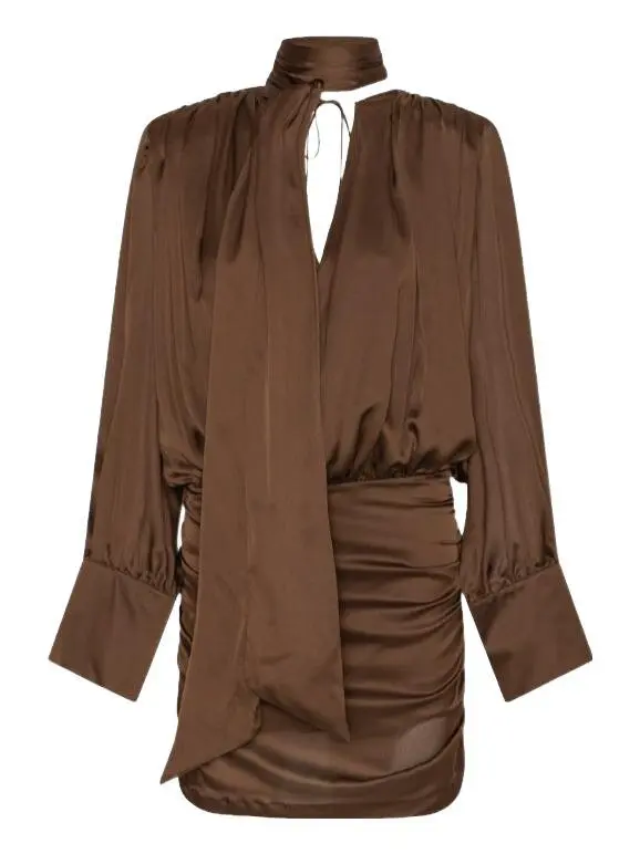 ROTATE BY BIRGER CHRISTENSEN Chiffon V-neck Dress With Tie Detailing - Dark Brown
