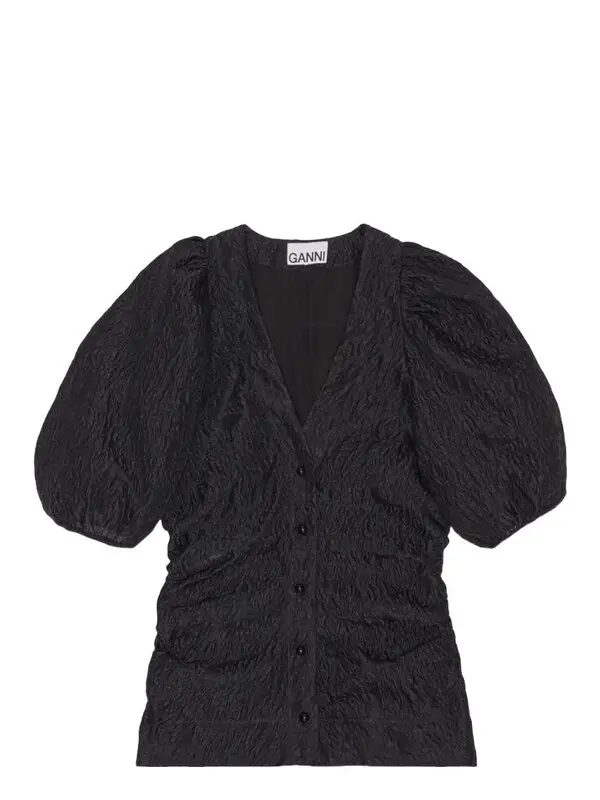 GANNI V-neck Puff Sleeve Blouse With Pleated Details - Black