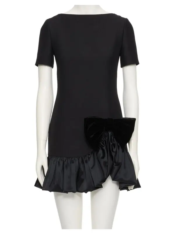 Valentino Garavani Short Sleeve Dress With Velvet Bow And Ruched Hem - Black