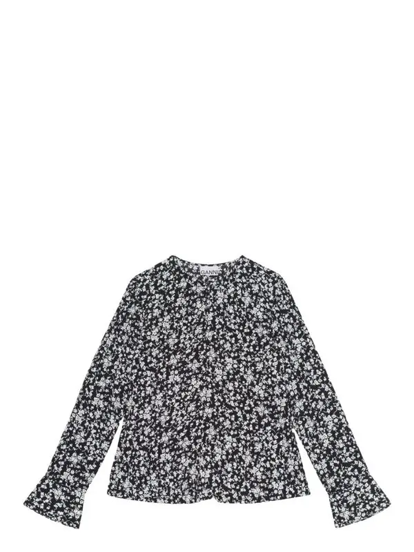 GANNI Printed Crepe O-neck Blouse - Black