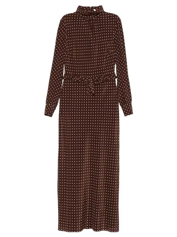 Alessandra Rich Polka Dot Print High Neck Long Sleeve Belted Midi Dress - Brown