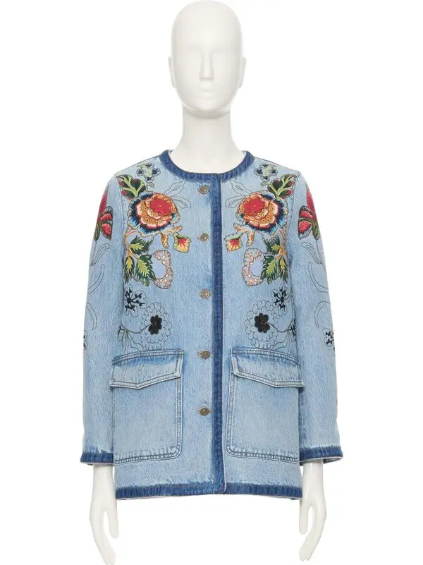 Valentino Garavani Embellished Floral Denim Jacket - Denim Blue