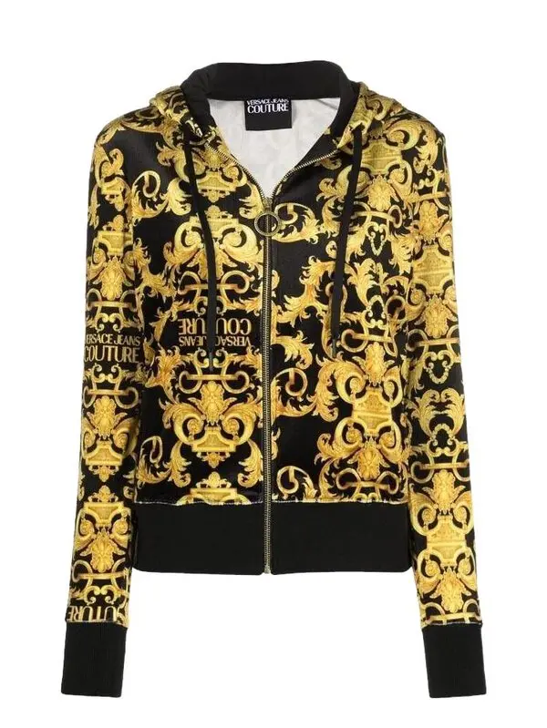 Versace Logo Baroque Pattern Zip-up Hoodie - Black