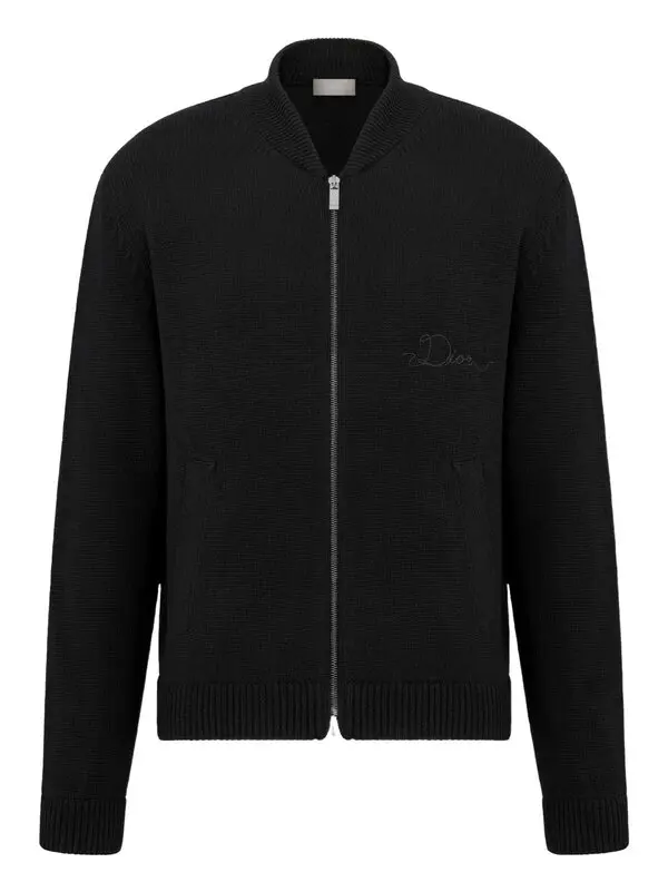 Dior Wool Knit Bomber Jacket With Ribbon Embroidery - Black