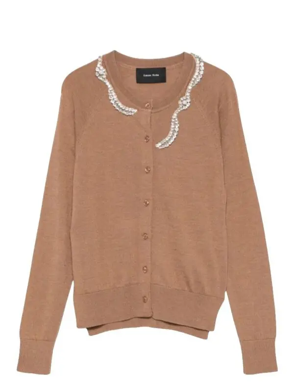 Simone Rocha Crew Neck Long Sleeve Sweater With Embellished Neckline - Brown