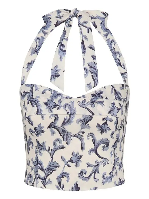 Posse Rue Halterneck Baroque-print Top - Blue Baroque