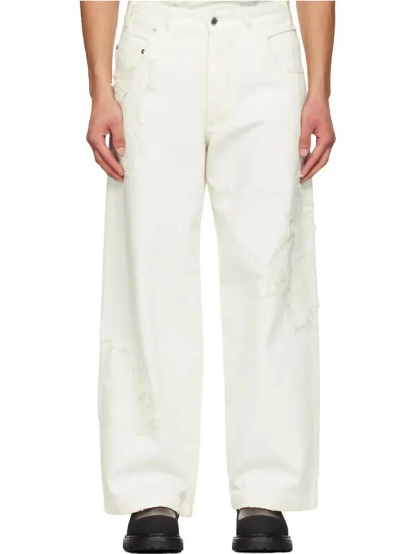 SONG FOR THE MUTE Belt-loop Jeans With Sequined Frayed Appliqu - White