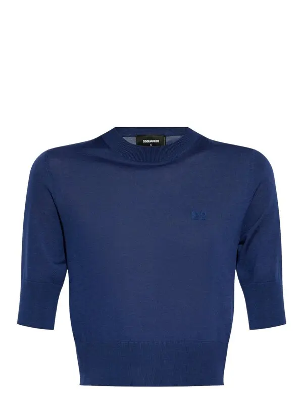Dsquared2 D2" Logo Embroidered Cropped Knit Top - Navy Blue