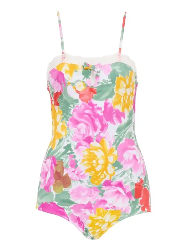 Chloé Garden Print Bodysuit With Lace Trim - Pink